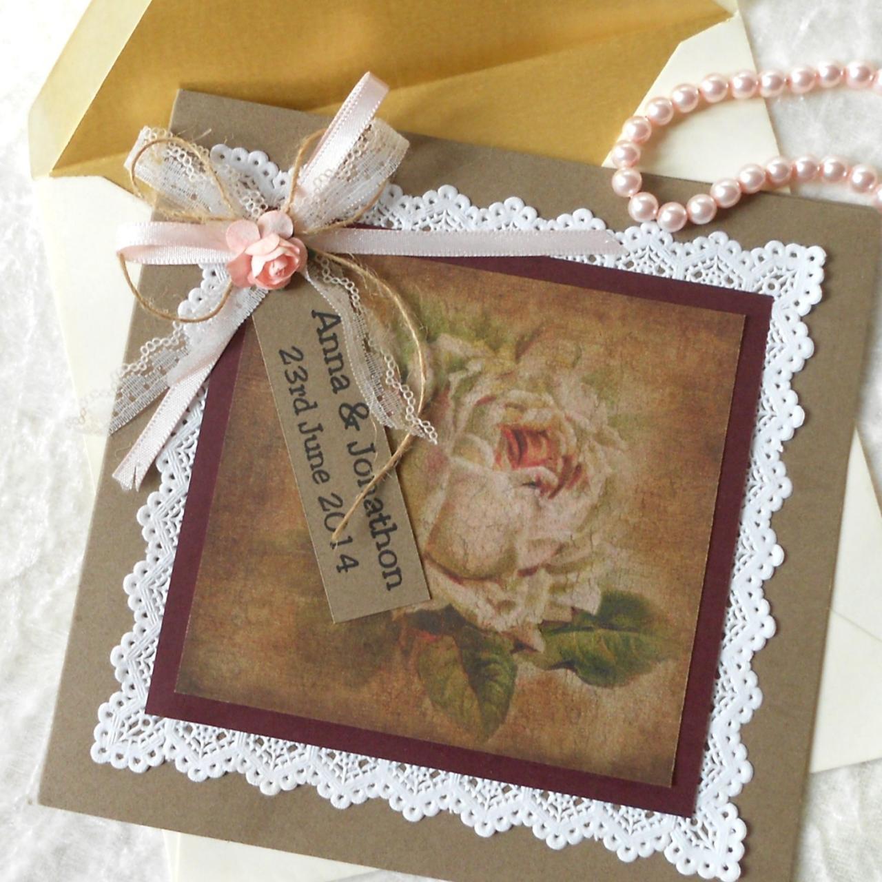 Vintage Rustic Wedding Invitations X 5 Antique Rose (ref 145) on Luulla
